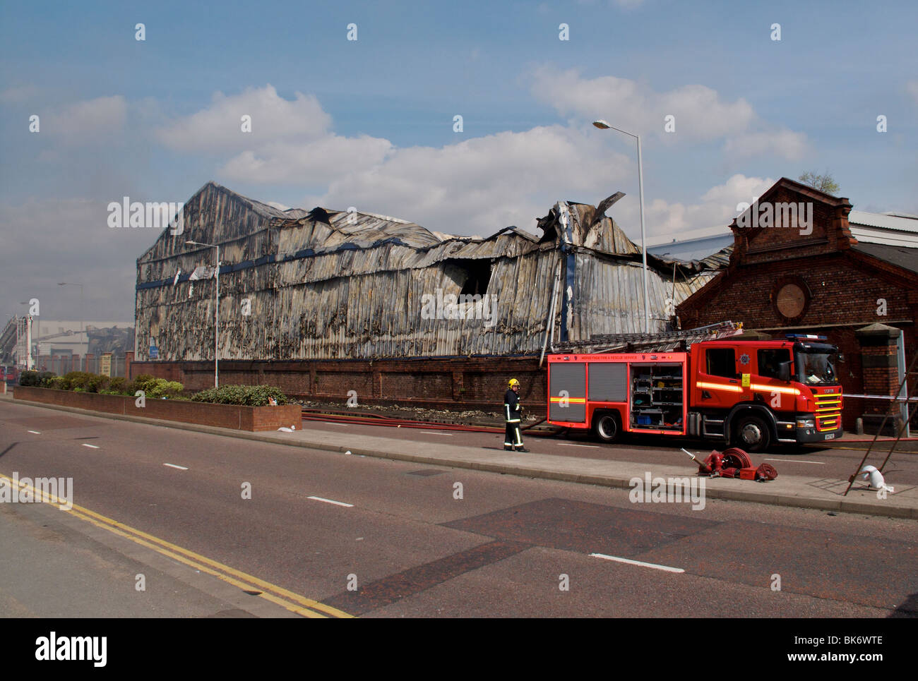 burnt out warehouse after huge fire, with Merseyside fire and rescue ...