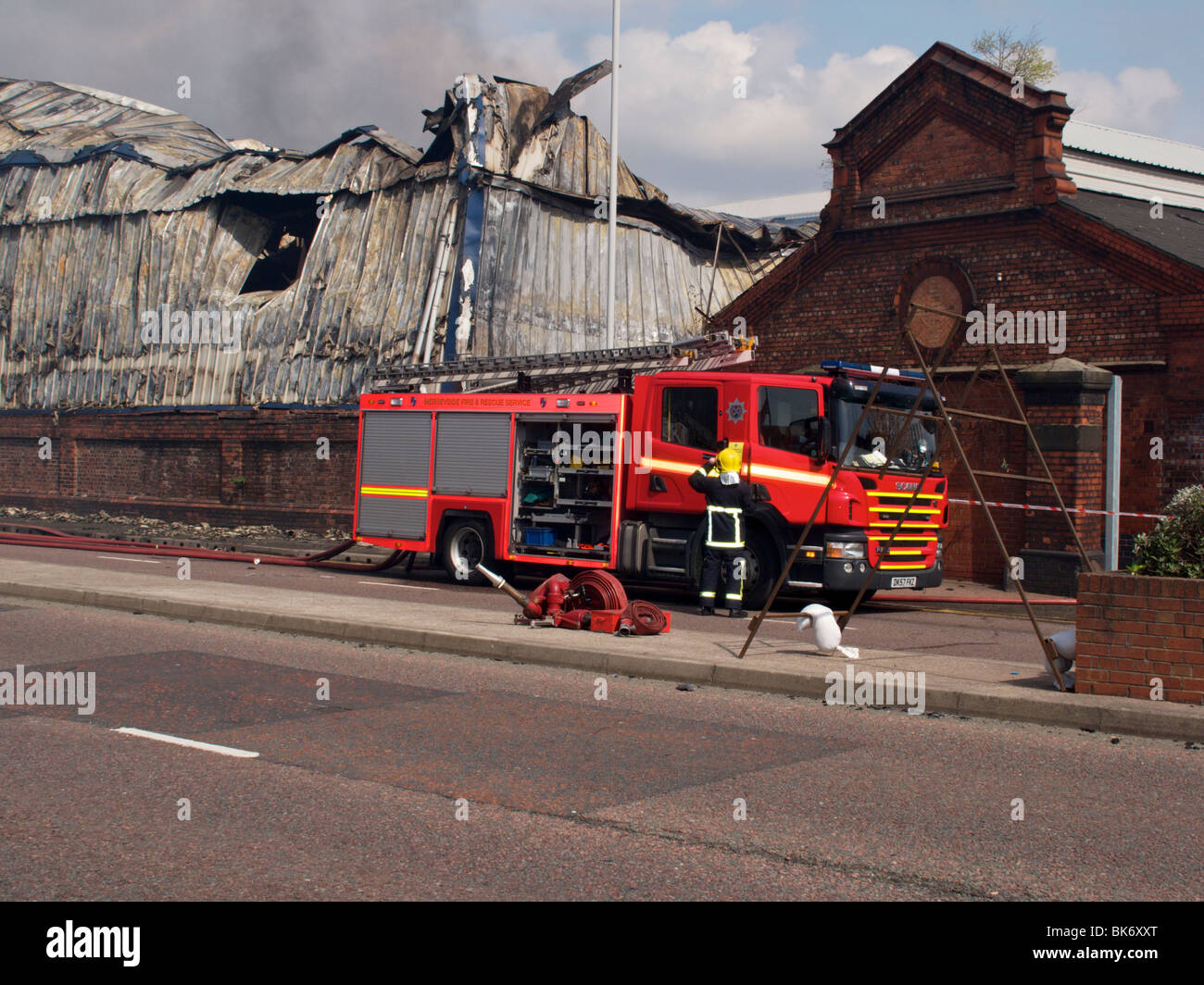 burnt out warehouse after huge fire, with Merseyside fire and rescue ...