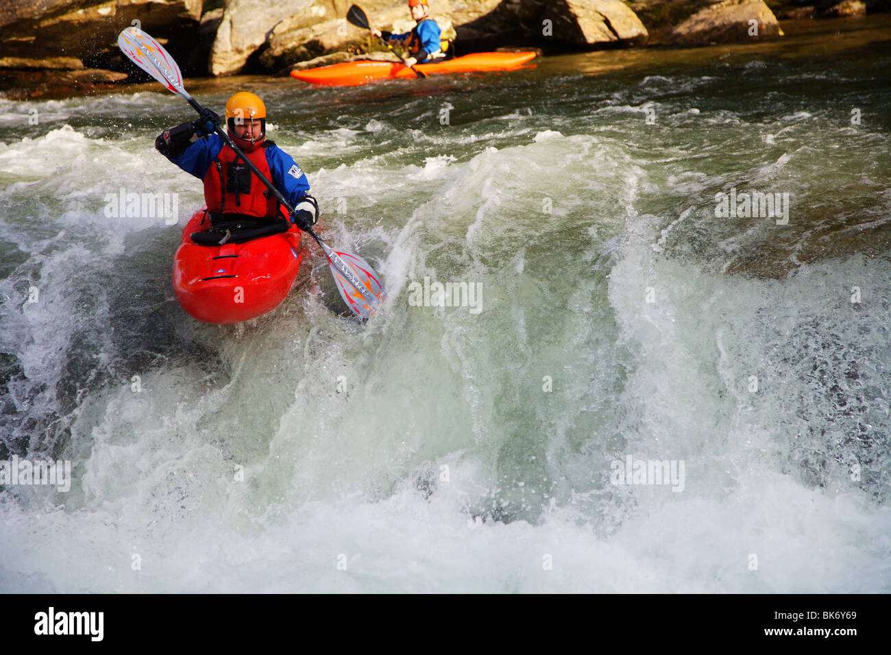 MALE KAYAKER CRASHING THROUGH RAPIDS BULL SLUICE CHATTOOGA RIVER ...