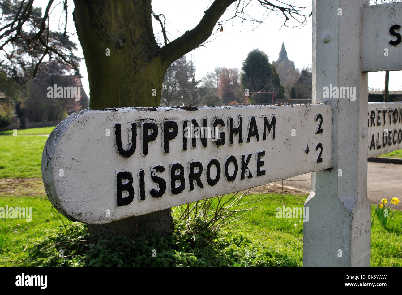 Signpost on the village green, Lyddington, Rutland, England, UK Stock ...