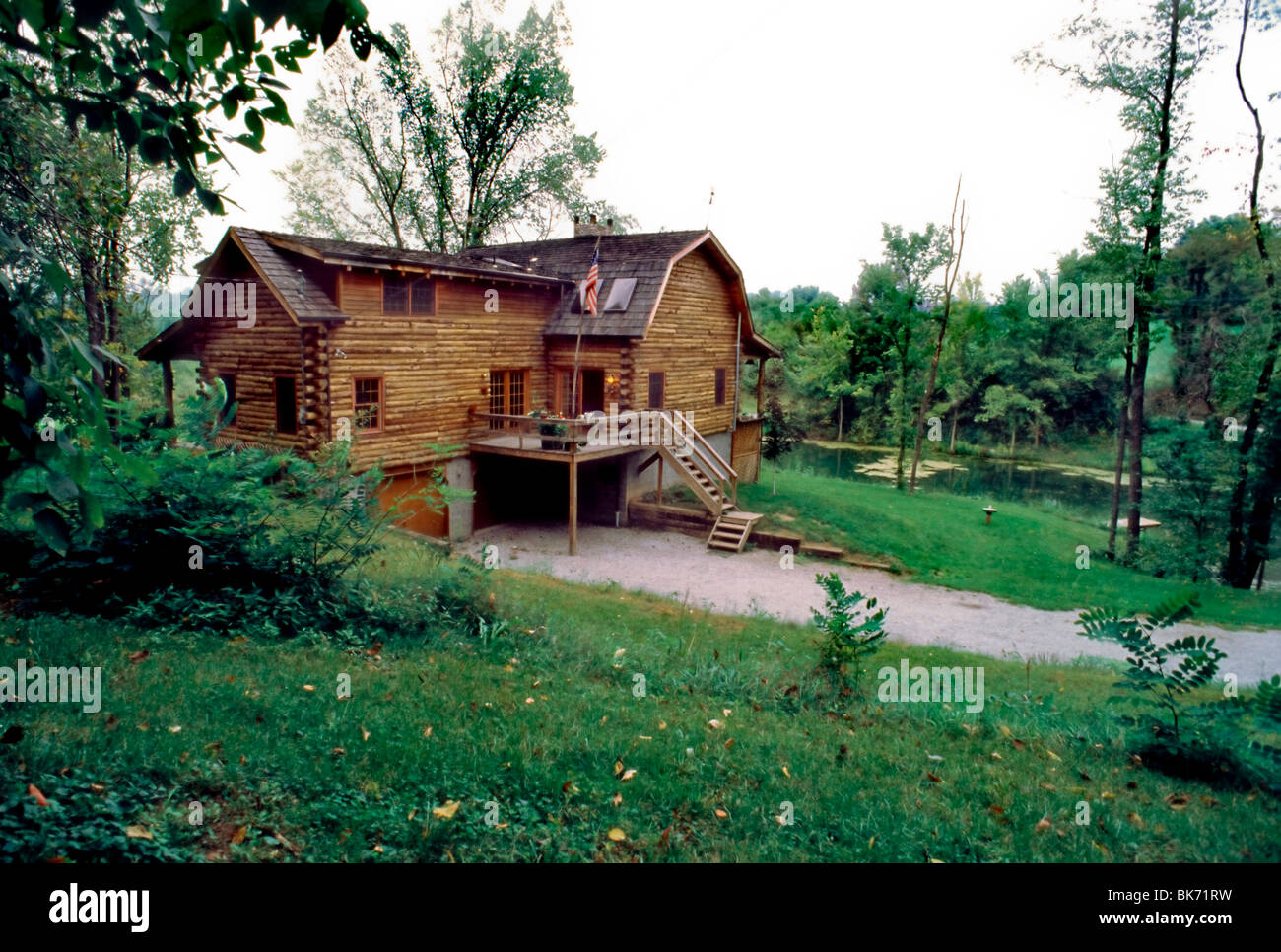 U.S.A. American Rustic Style House, Exterior, From Behind, with Log ...