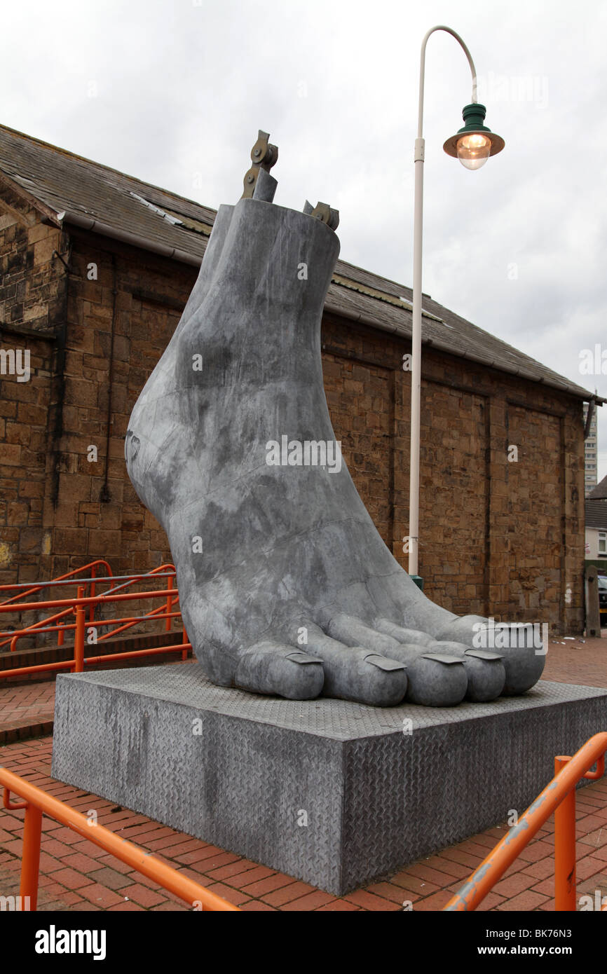 Foot sculpture outside Flint railway station in Flintshire, North Wales ...