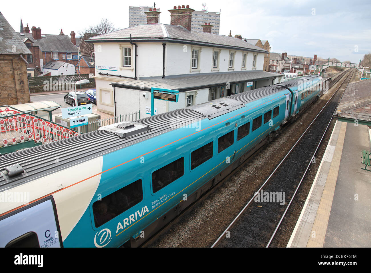 Arriva train standing at Flint railway station in Flintshire, north ...