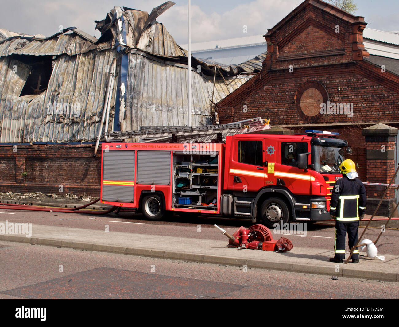burnt out warehouse after huge fire, with Merseyside fire and rescue ...