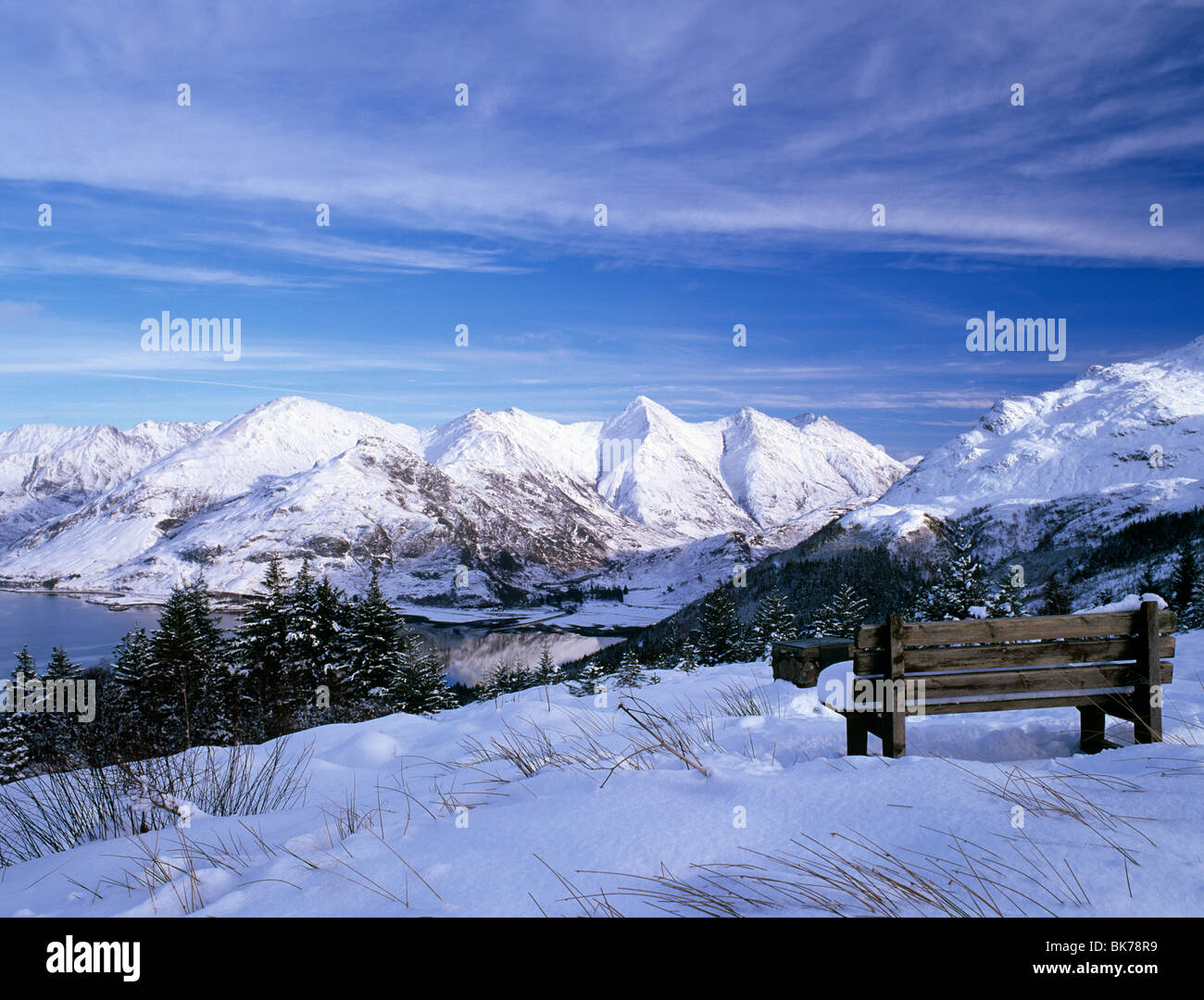 Ratagan Pass, Highland, Scotland, UK. Viewpoint bench overlooking the ...