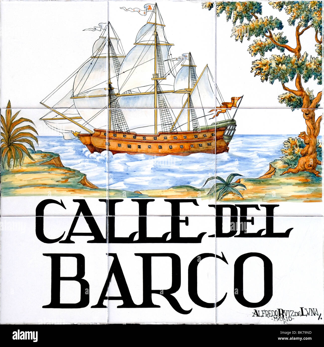 Madrid, Spain. Traditional Tiled Street Sign. Calle del Barco. (by ...