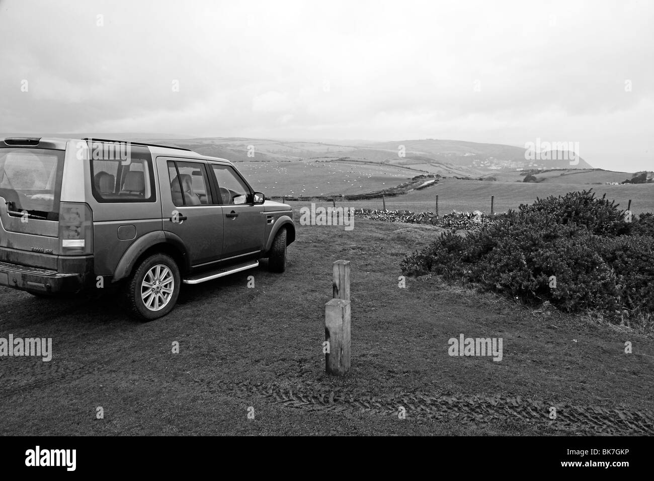 A monochrome image of a Land Rover Discovery in a rural location Stock ...