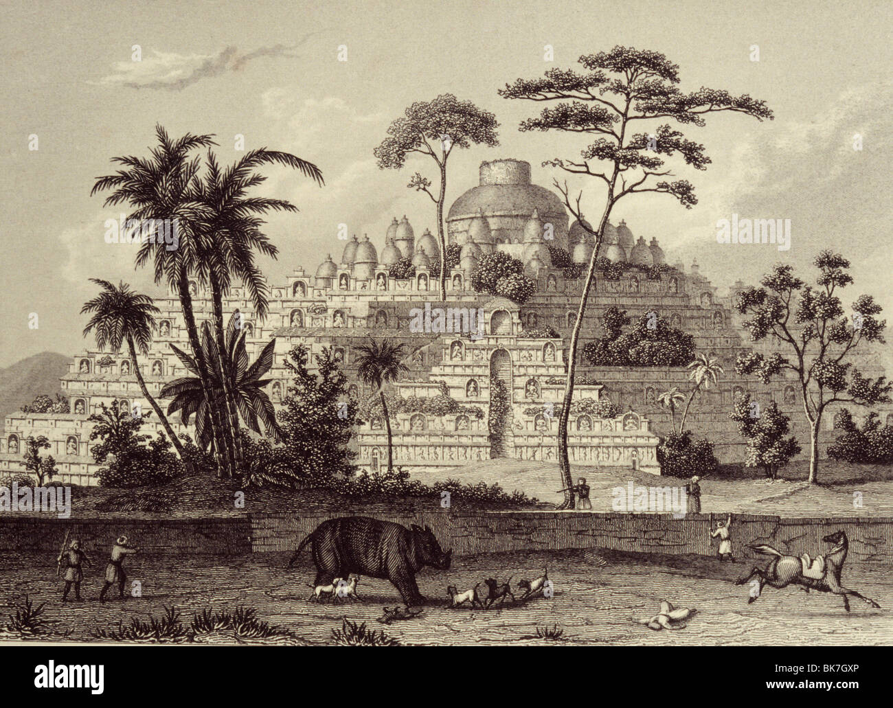 A 19th century engraving of the ruins of Borobudur, Java, Indonesia ...