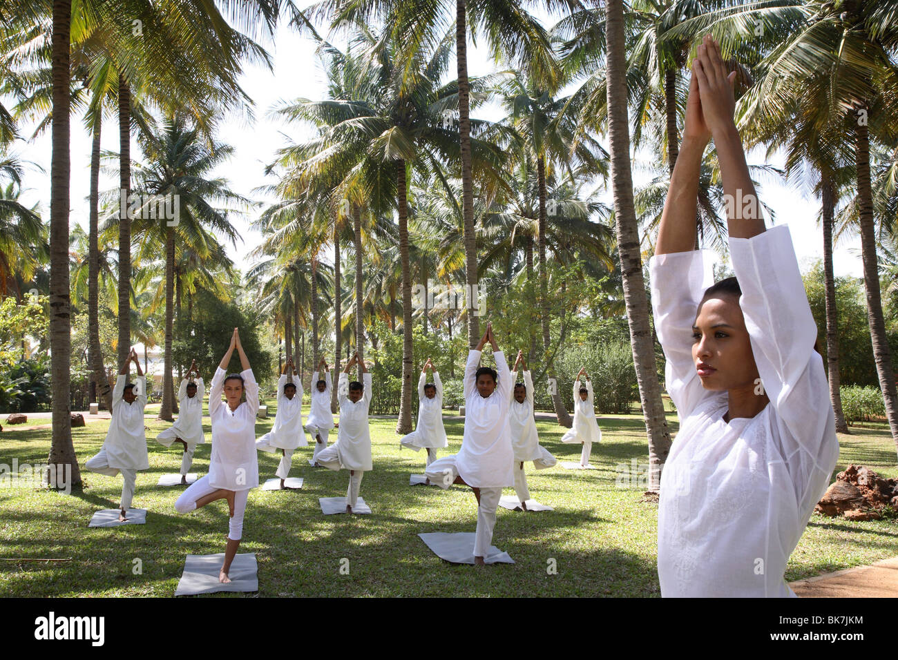 Group yoga session on the lawn at the Shreyas Retreat Stock Photo - Alamy