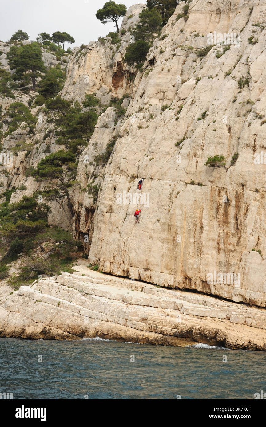 France Cote d'Azur Provence Cassis Les Calanques climbers climbing the ...