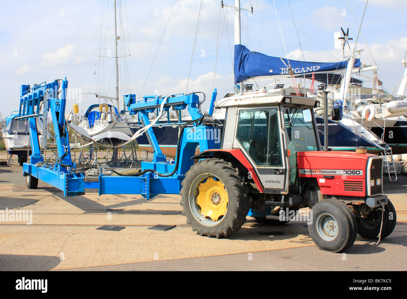 tractor with yacht carry cradle ipswich haven marina suffolk england uk ...