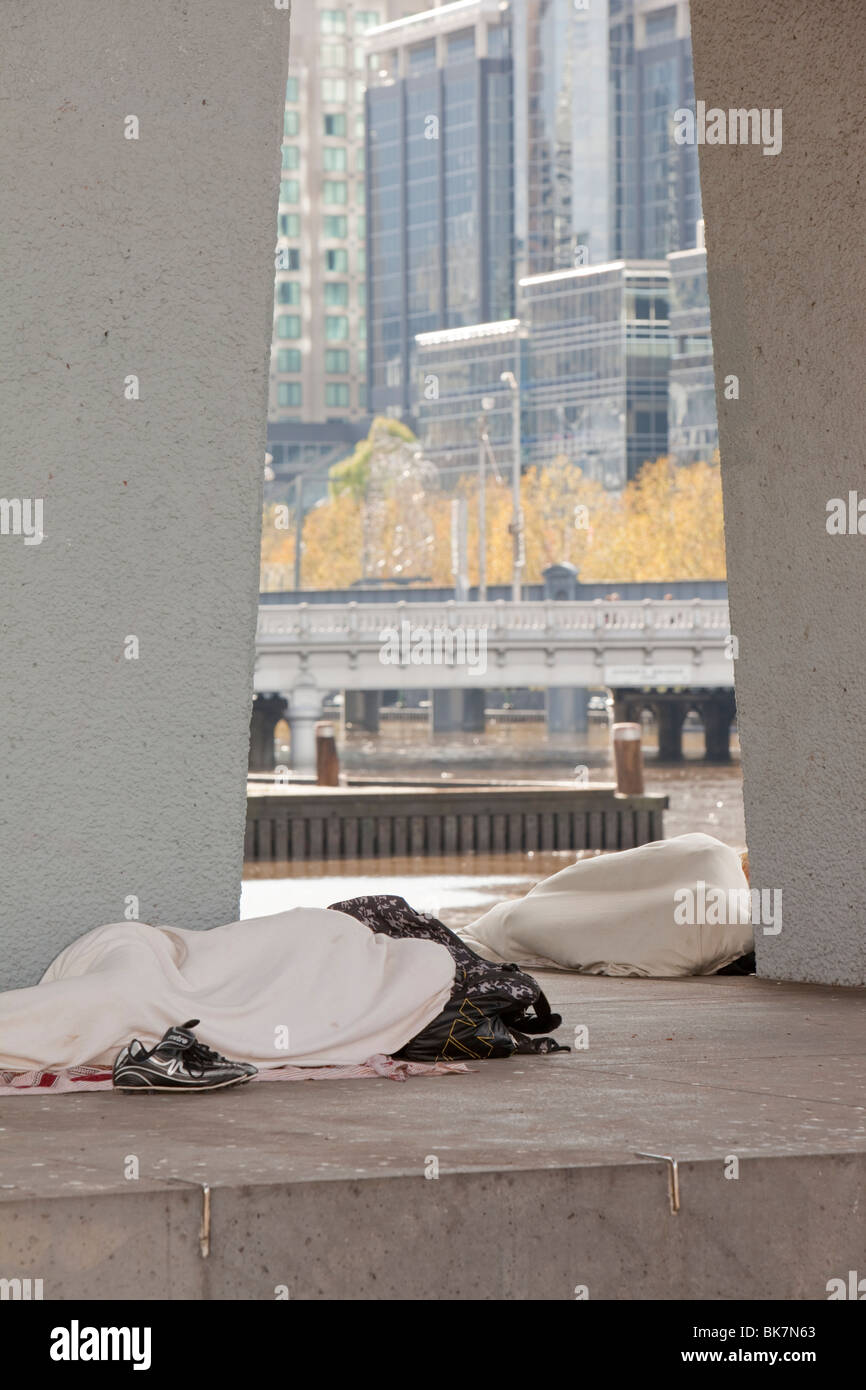 Homeless people sleeping on the streets of Melbourne, Victoria ...