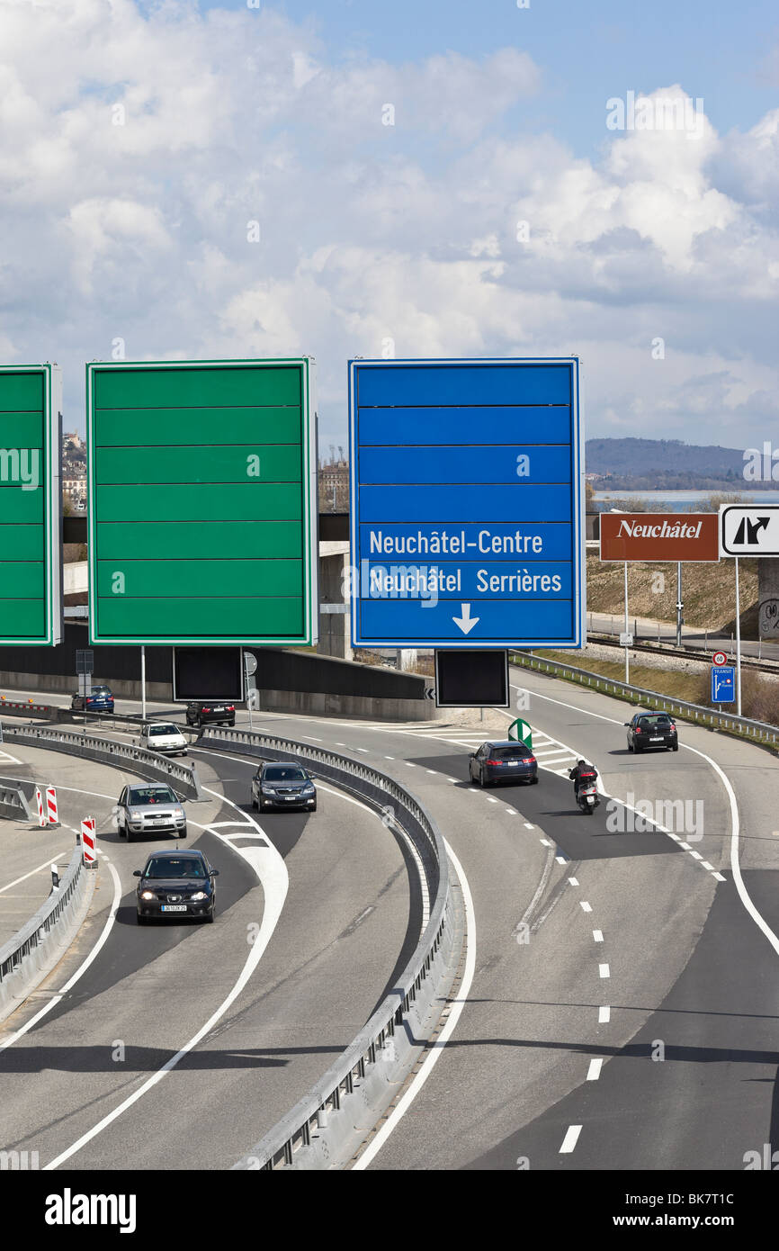 Road sign signs on the A5 autoroute (highway freeway); Neuchatel ...