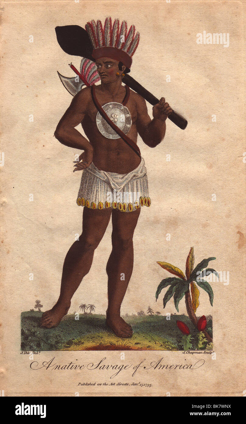 "A Native Savage of America" Native American carrying a club, wearing a ...