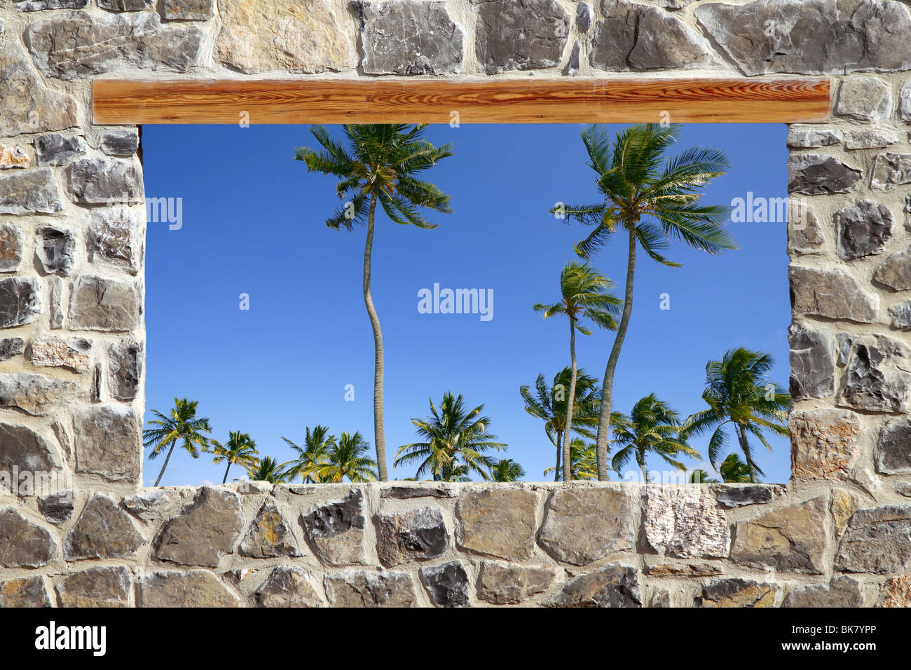 view window tropical palm trees stone masonry wall Stock Photo - Alamy