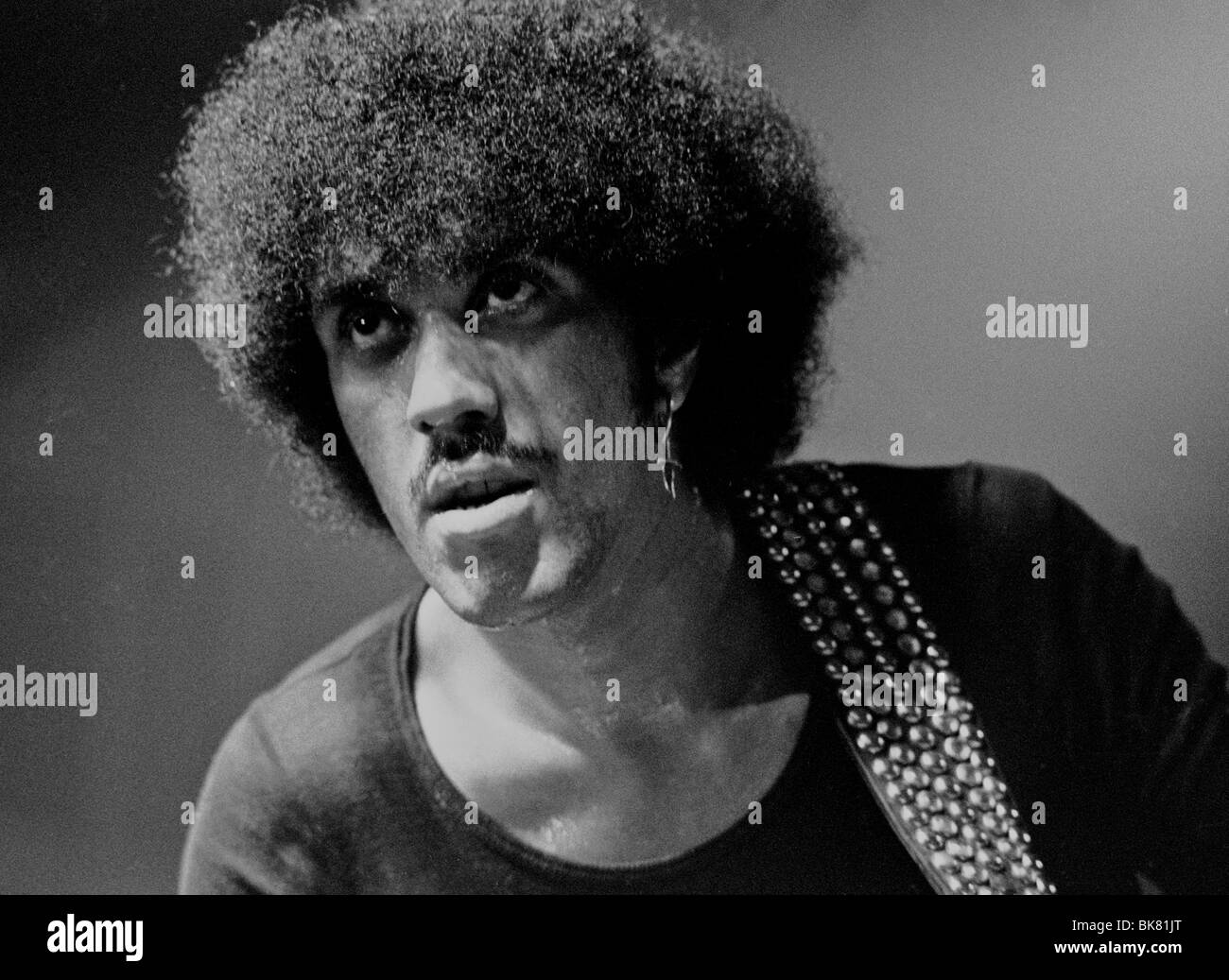 Portrait of rock band Thin Lizzy front man Phil Lynott during the Black ...