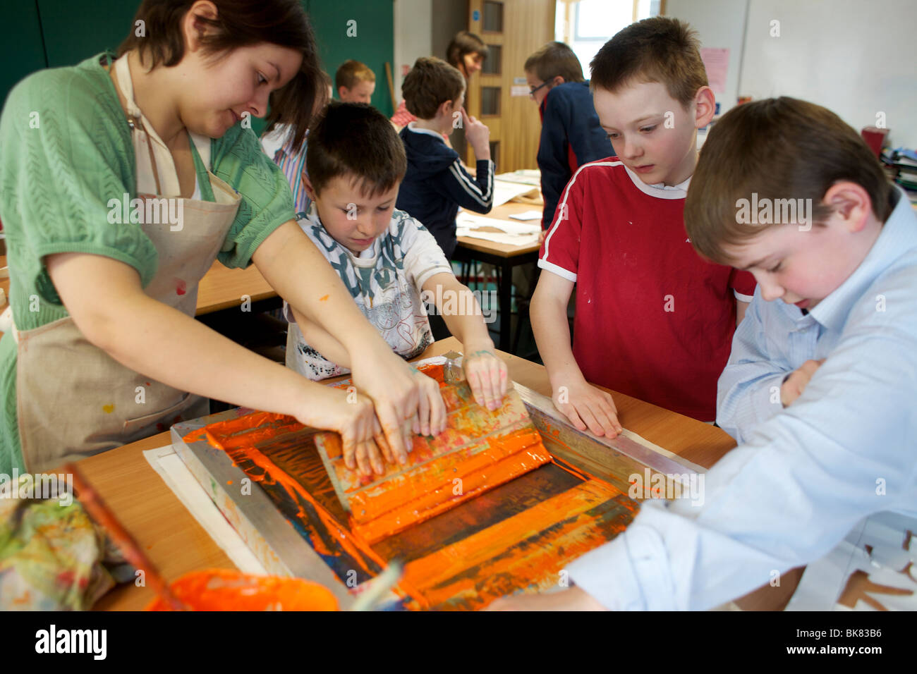 School Children being taught Screen Printing Stock Photo - Alamy