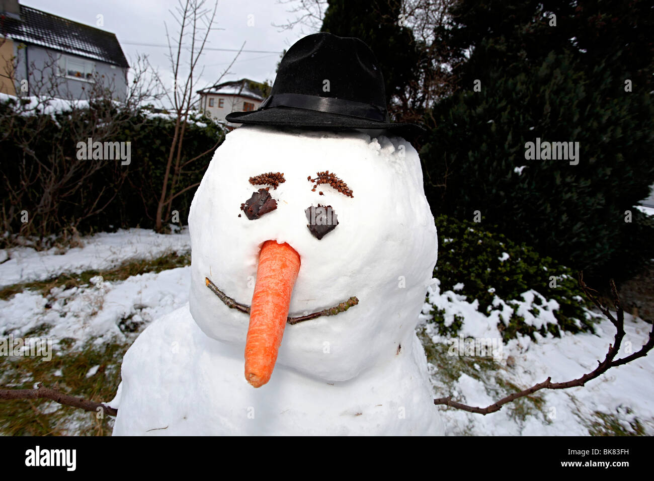 snowman with a black hat and carrot nose and eyes and eyebrows Stock ...