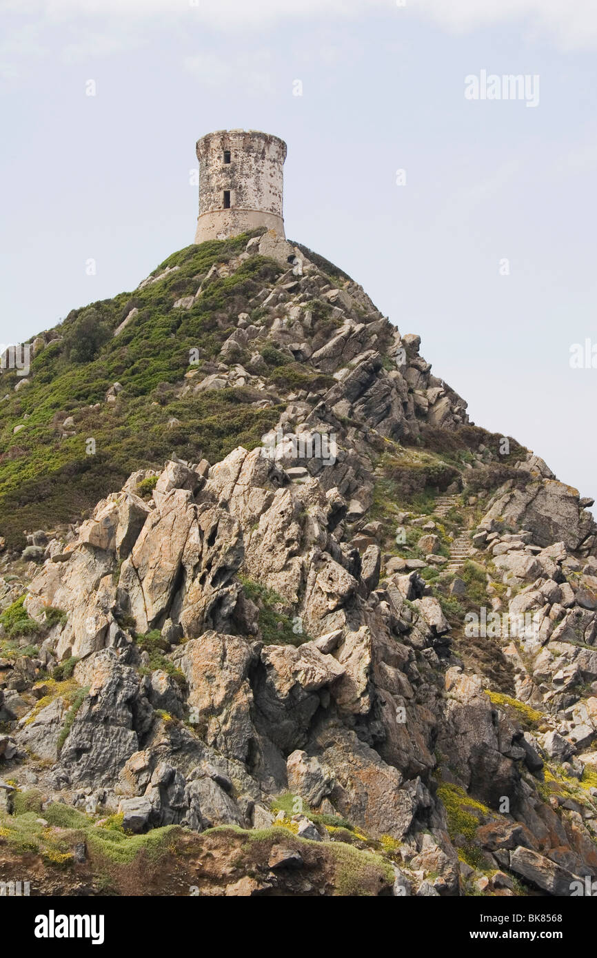 Old Genoese Tower On Mountain Peak, Ajaccio, Corsica, France Stock ...