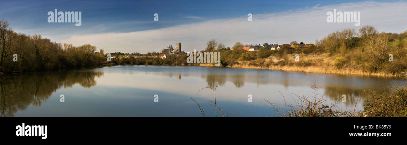 Panorama of Roswell Pits Nature Reserve, Ely, Cambridgeshire, with Ely ...