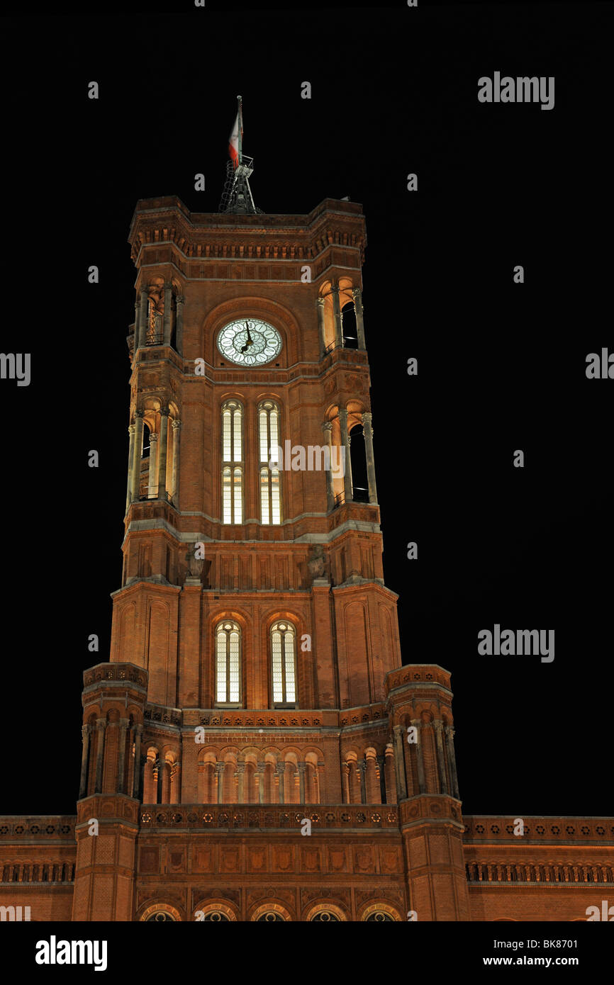 Tower of the Red Town Hall at night, Alexanderplatz, Berlin, Germany ...