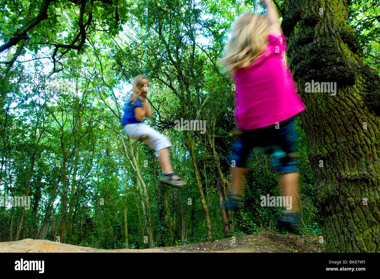 Girls on Rope, Swings in Forest Stock Photo - Alamy