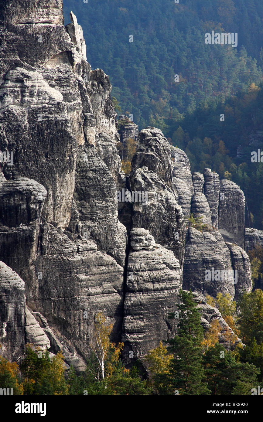 The Bastion, rocks in the Elbe Sandstone Mountains in autumn, Saxon ...