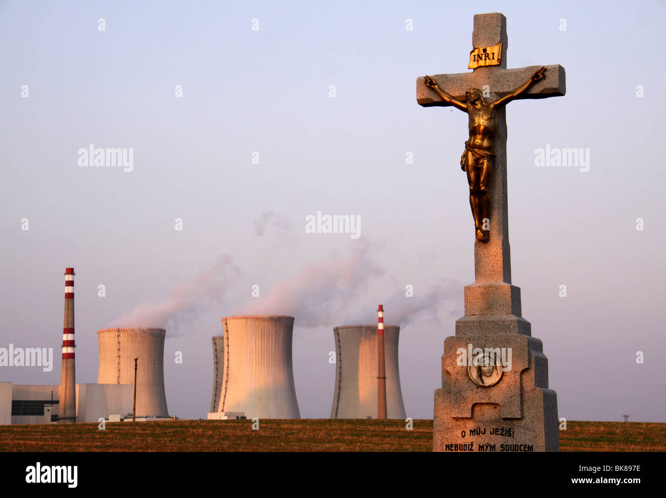 Crucifix in front of the Dukovany Nuclear Power Station of the CEZ ...