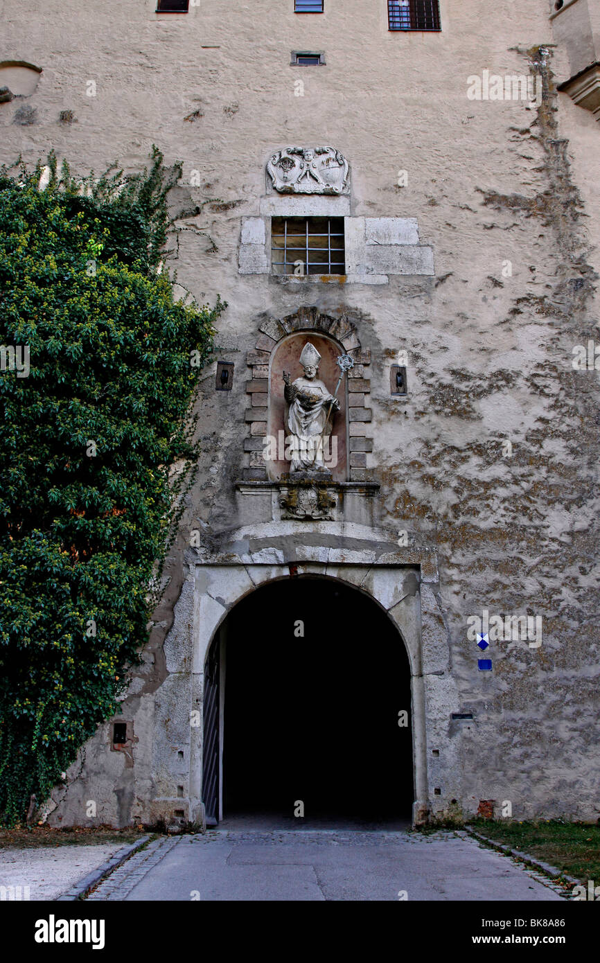 Main gate with the statue of St. Willibald, Willibaldsburg castle ...