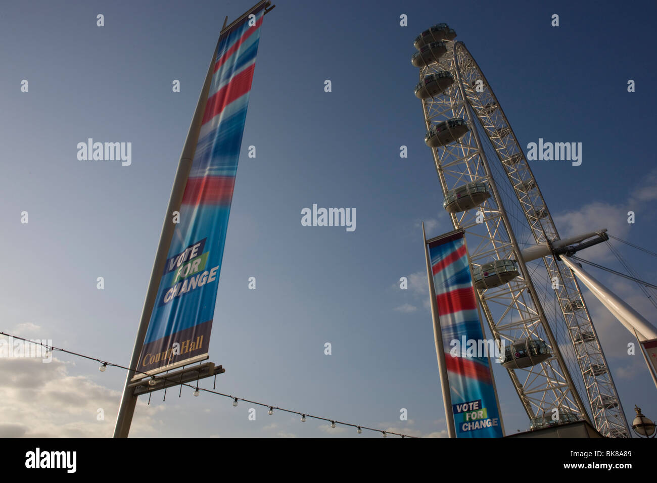 Conservative election banners with Vote for Change slogan hang beneath ...