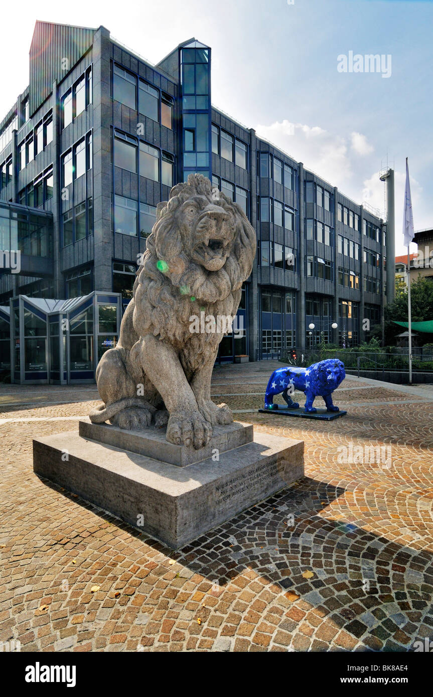 The lions in front of the BayernLB Bavarian State Bank building, Munich ...