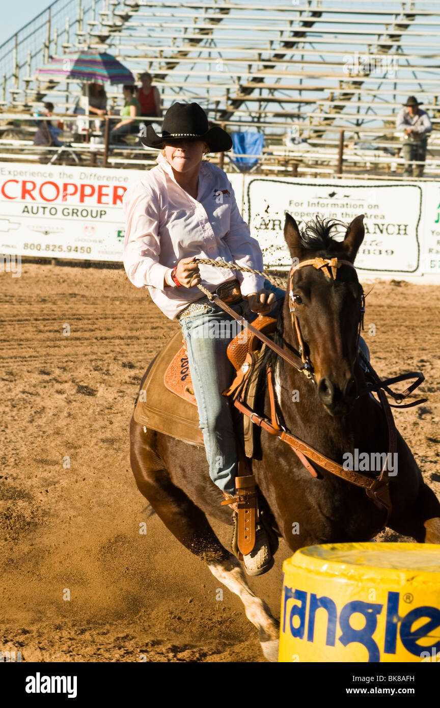 a cowgirl competes in the barrel racing event at a rodeo Stock Photo ...