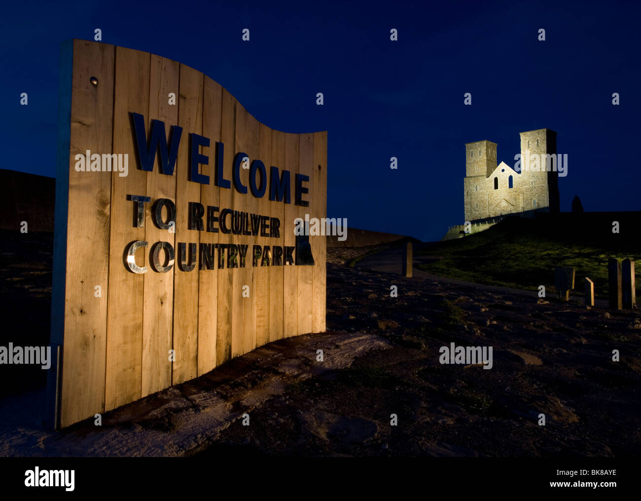 Reculver towers country park sign at night in Kent, UK Stock Photo - Alamy