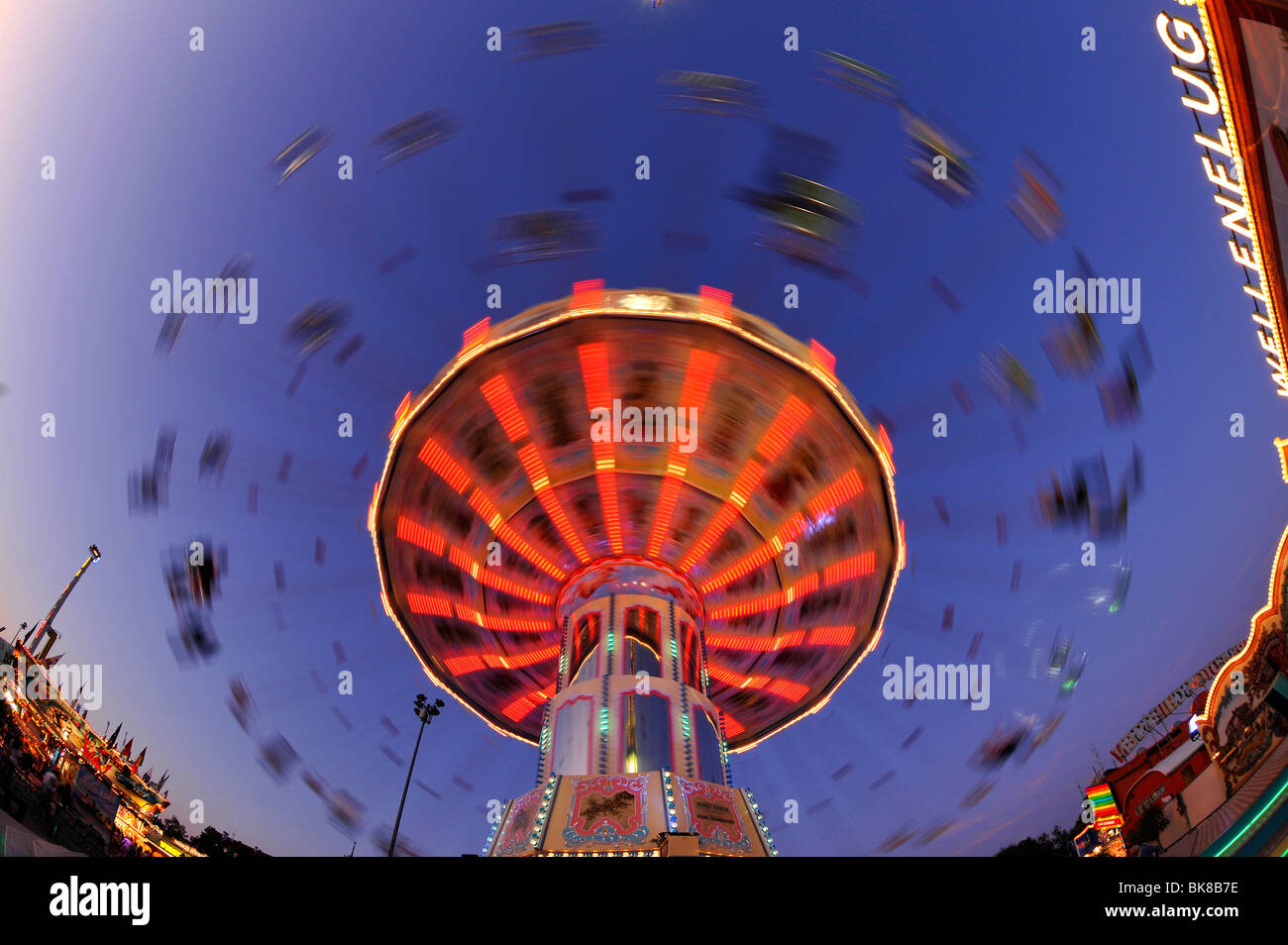 Night scene, fisheye shot, Chair-O-Planes or Swing Carousel, Cannstatt ...