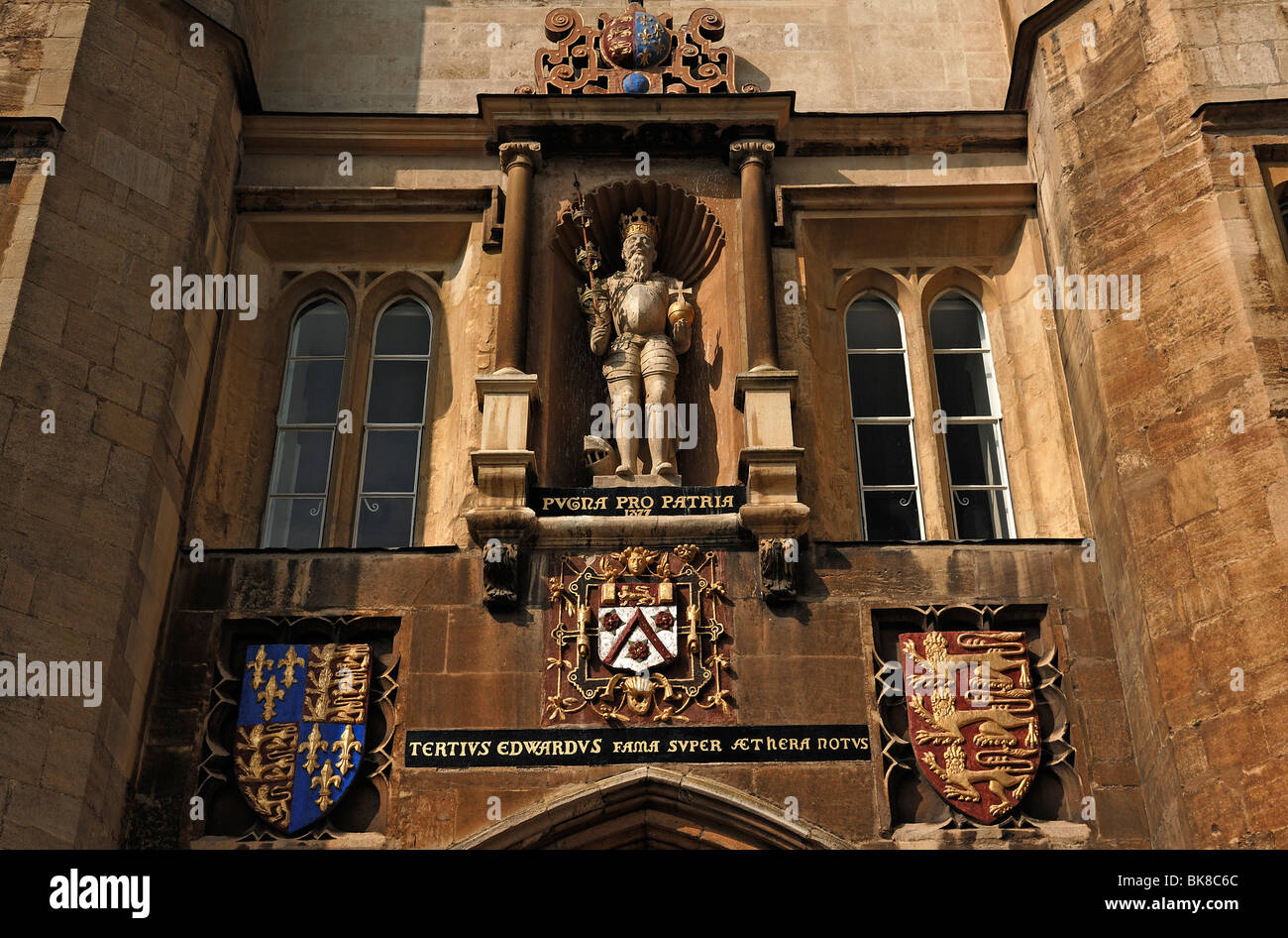 Detail of the gate tower with royal figure, Trinity College, founded by ...