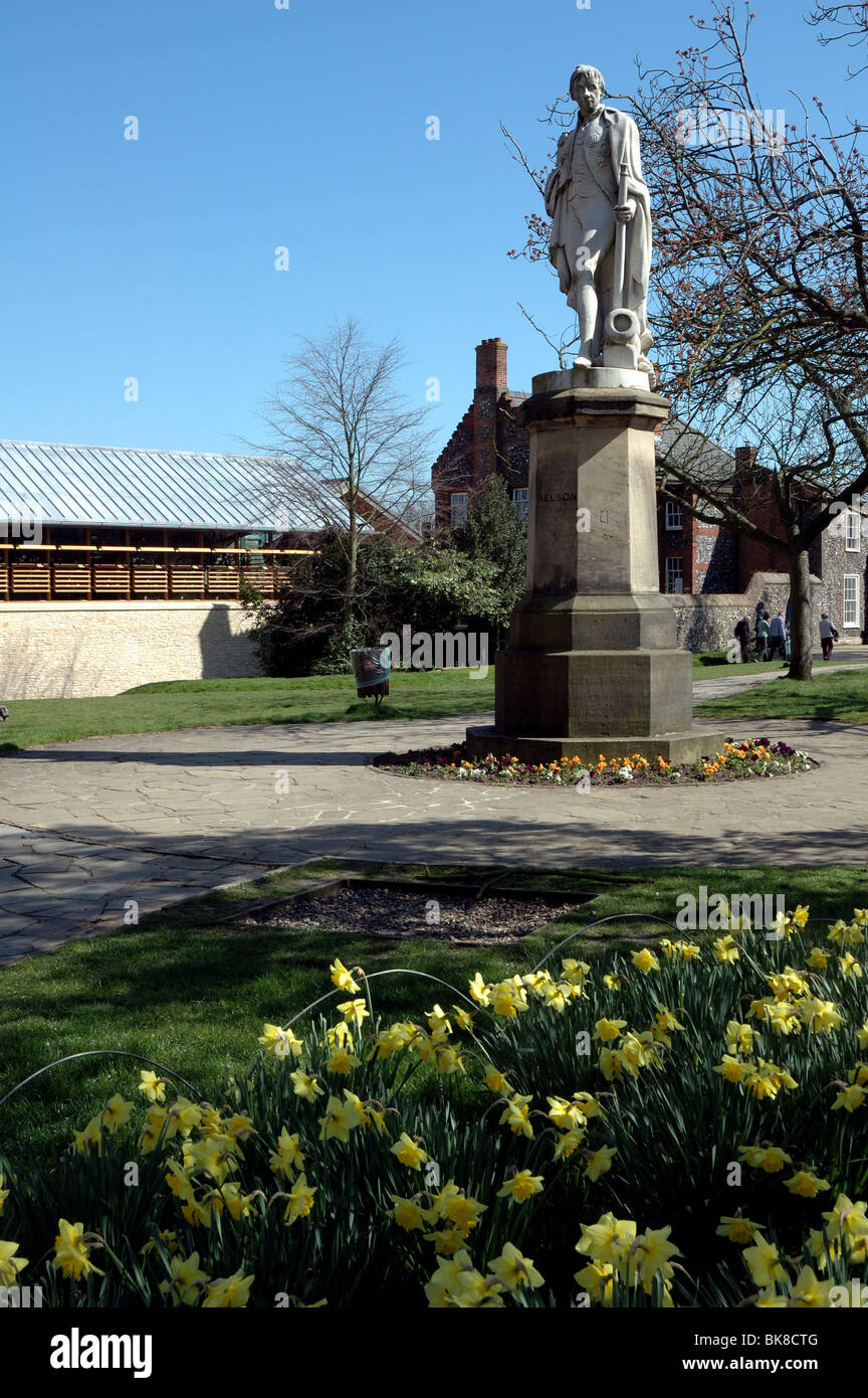 Statue of Lord Nelson in Norwich Cathedral Close, with the newly built ...