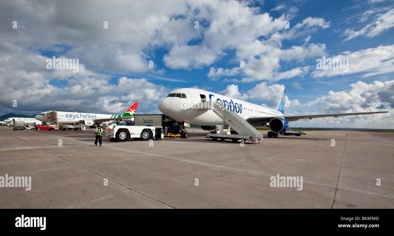 Aircraft of Condor and Air Seychelles airlines at the airport of Mahe ...