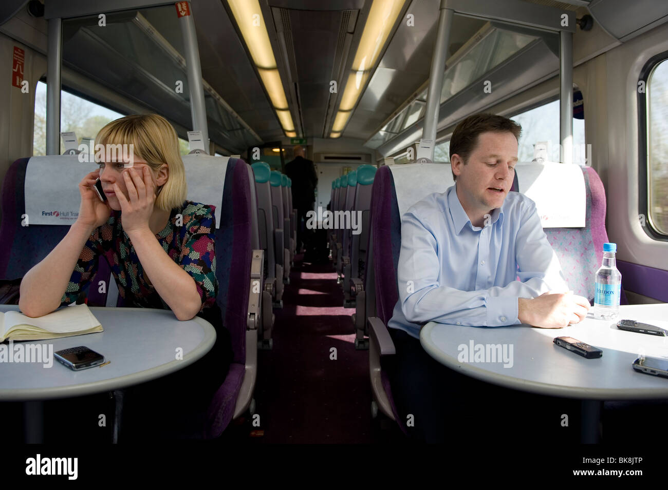 Lib dem leader Nick Clegg travelling by train from Hull to London with ...