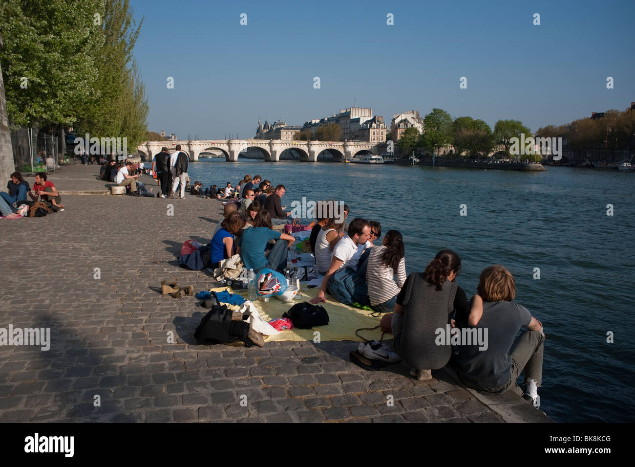 Paris, France, Crowd People Enjoying Spring Weather on Seine River Quay ...