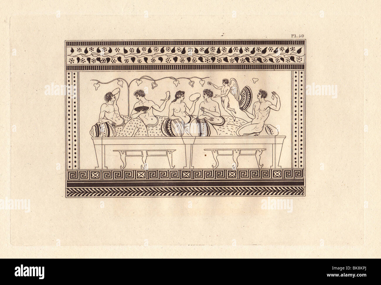 A feast in honour of Bacchus, with both men and women seated beneath a ...