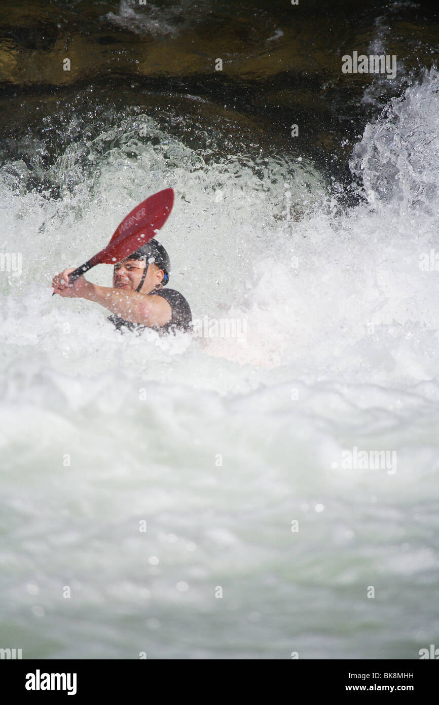 MALE KAYAKER FLIPPING KAYAK ON SIDE IN RAPIDS BULL SLUICE CHATTOOGA ...
