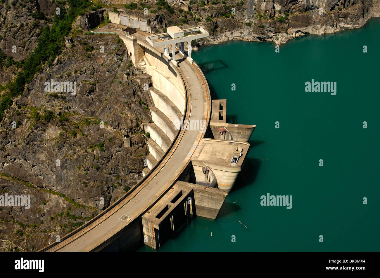 Bird's eye view of the water dam Monteynard-Avignonet on the Drac River ...