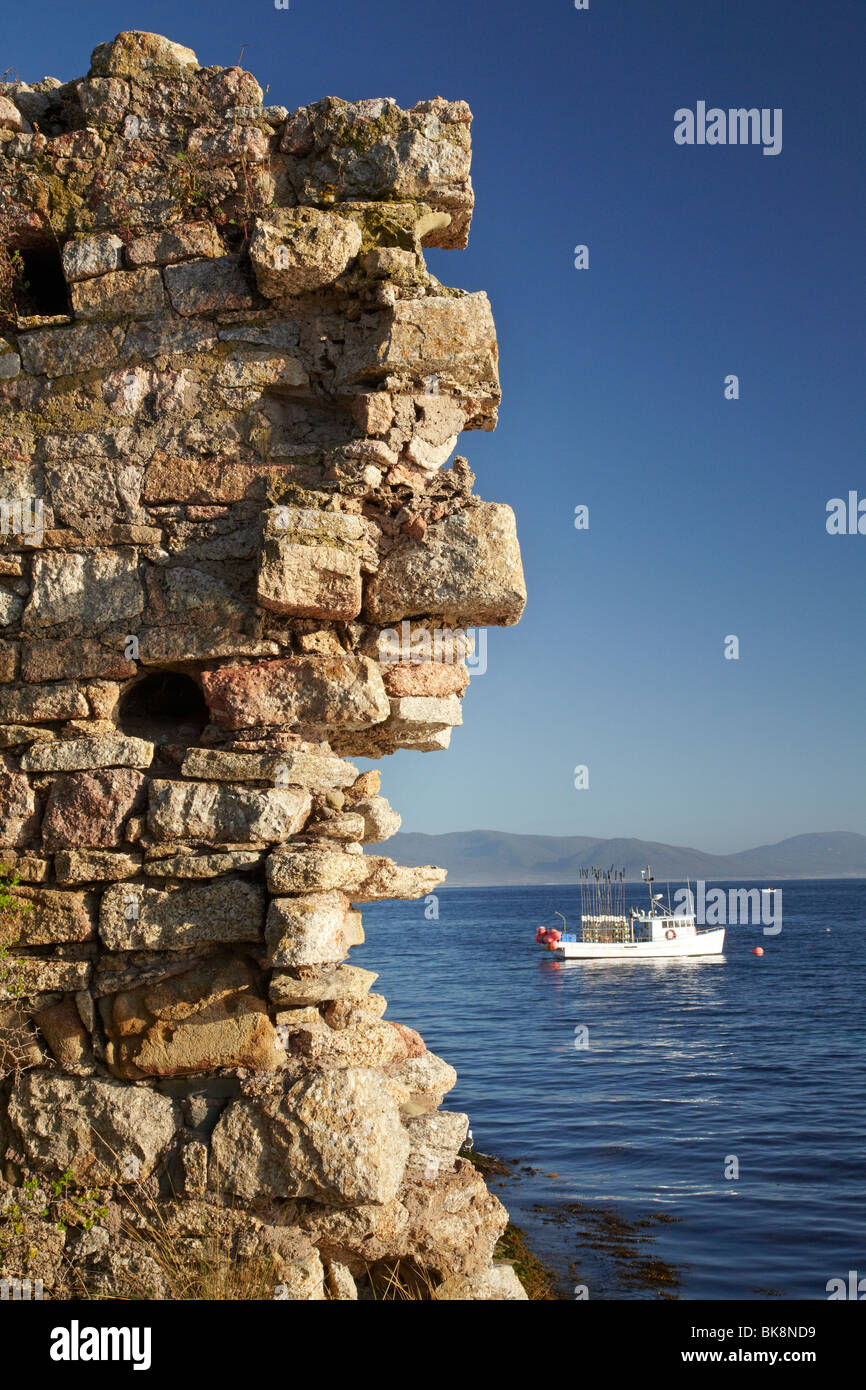 Stone Wall Ruins and Fishing Boat, Bicheno, Eastern Tasmania, Australia ...