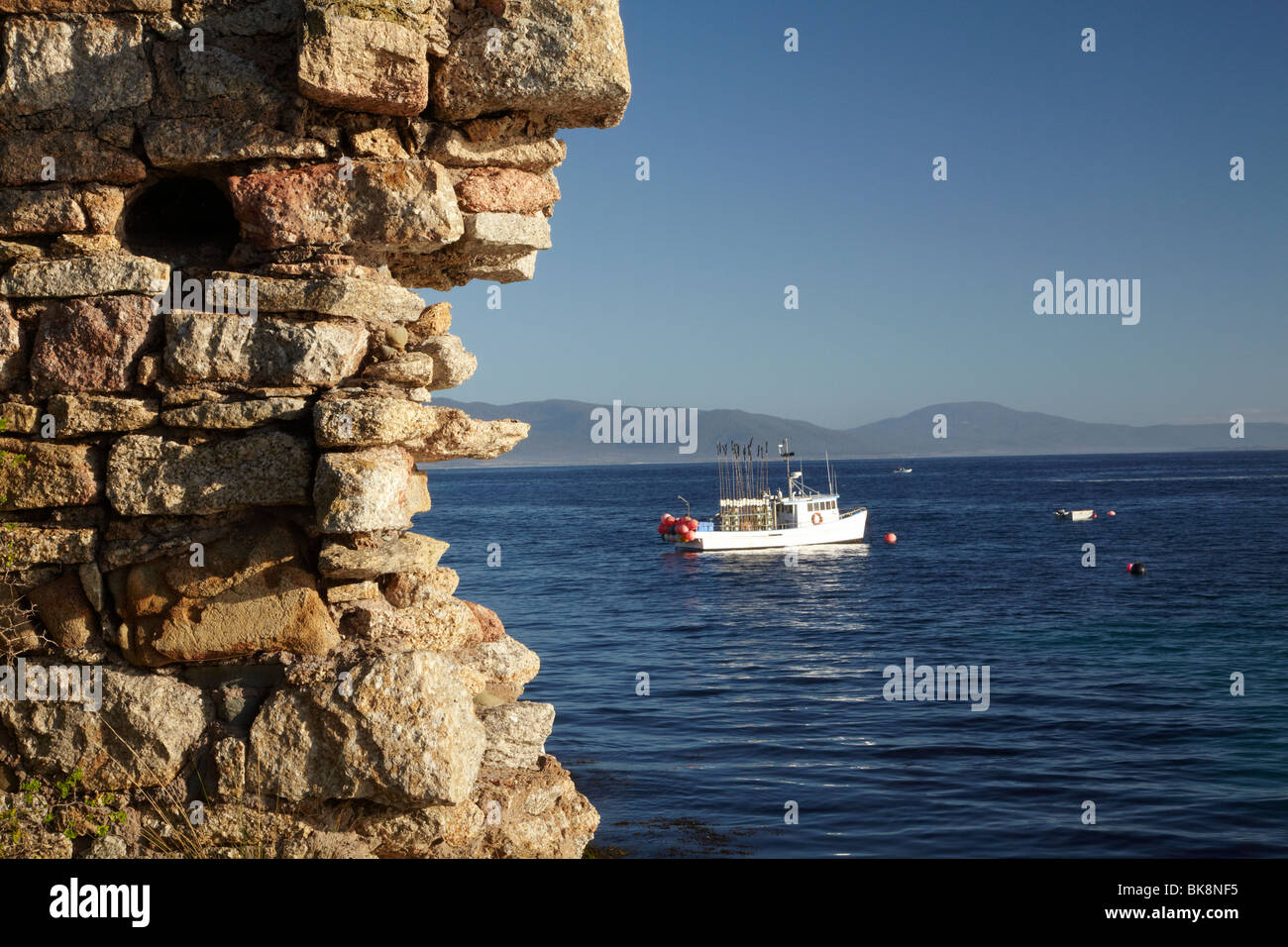Stone Wall Ruins and Fishing Boat, Bicheno, Eastern Tasmania, Australia ...