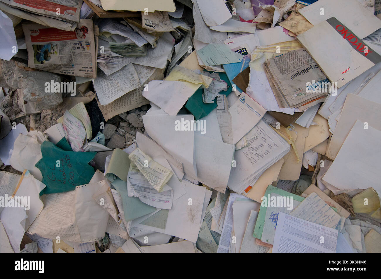 Stack of papers in a rubble following a catastrophic earthquake in Port ...