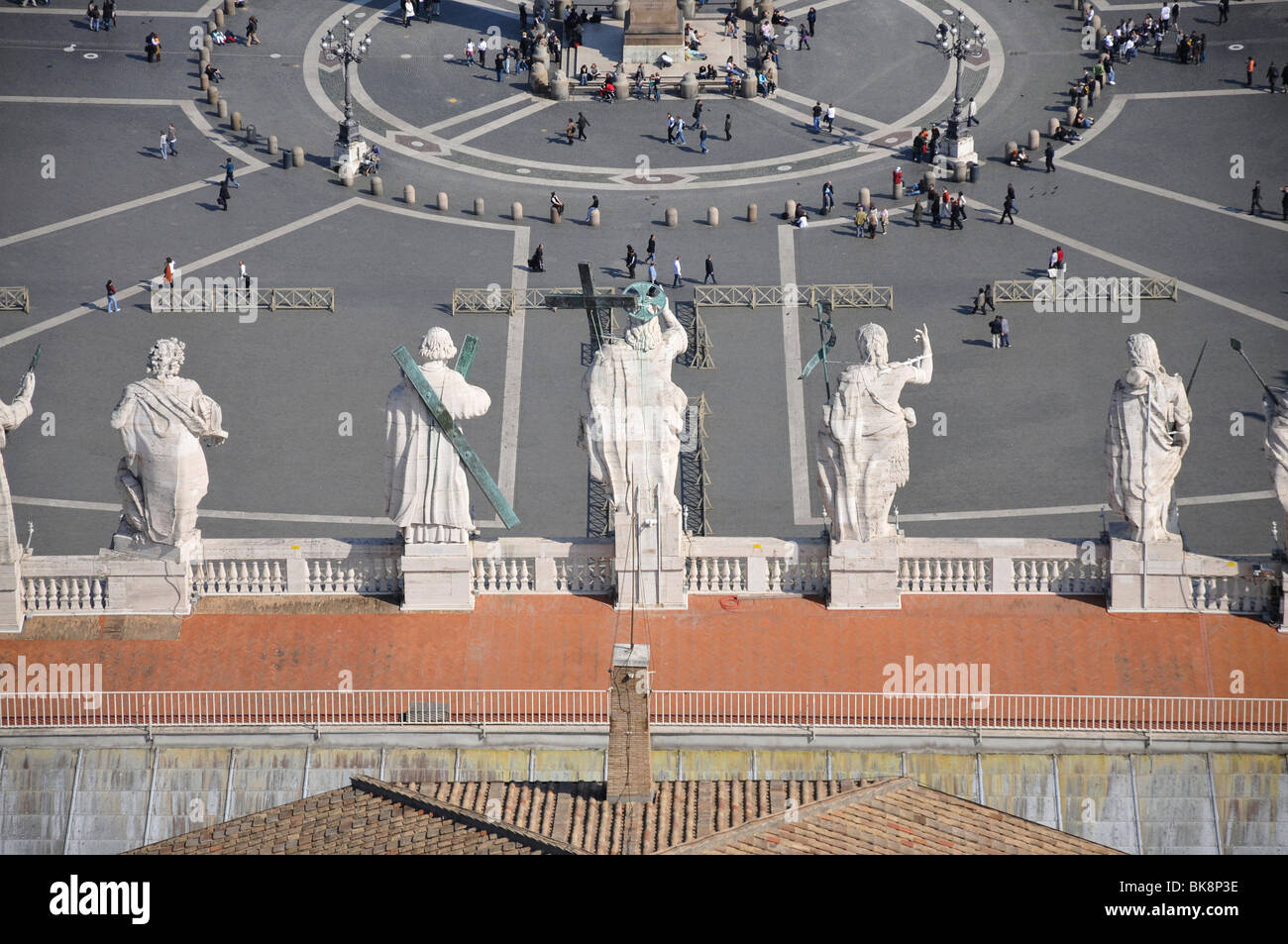 Rear view of a sculpture group on the roof of St. Peter's Basilica ...
