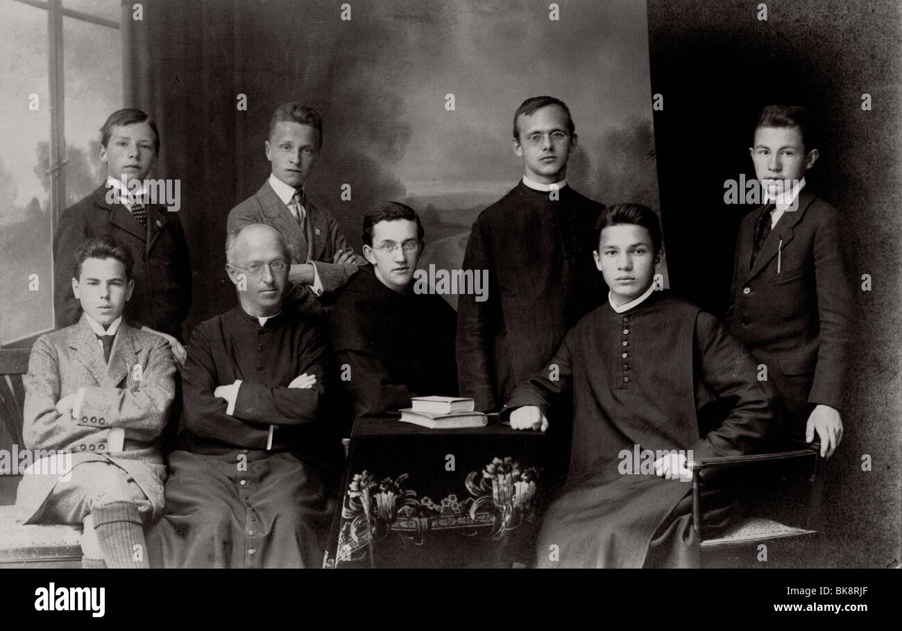 Group portrait of young men and priests, historical photograph, around ...