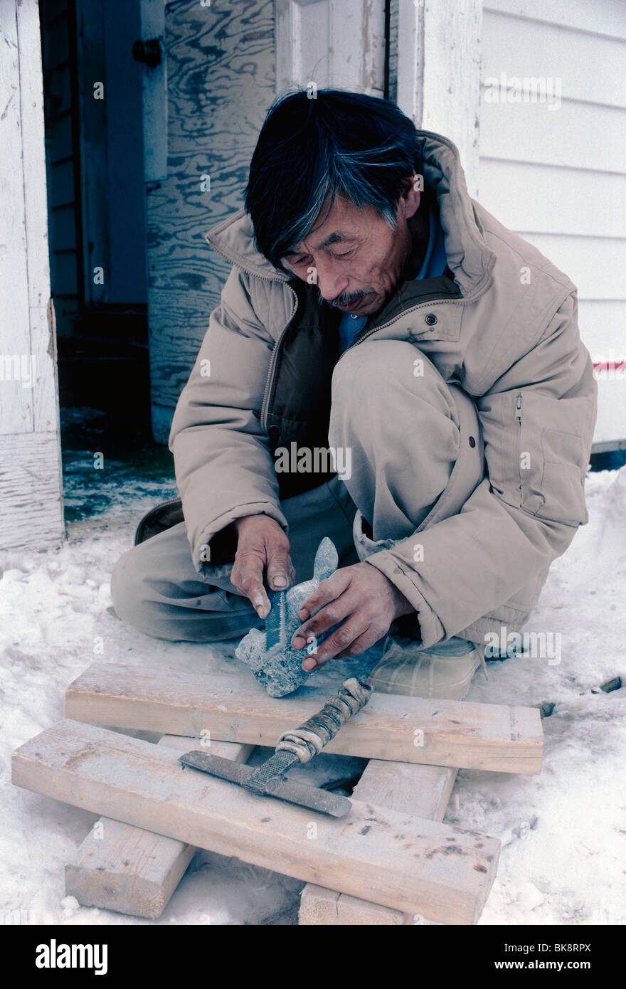 Famous Inuit soapstone carver and artist, Henry, Iqaluit, Nunavut ...