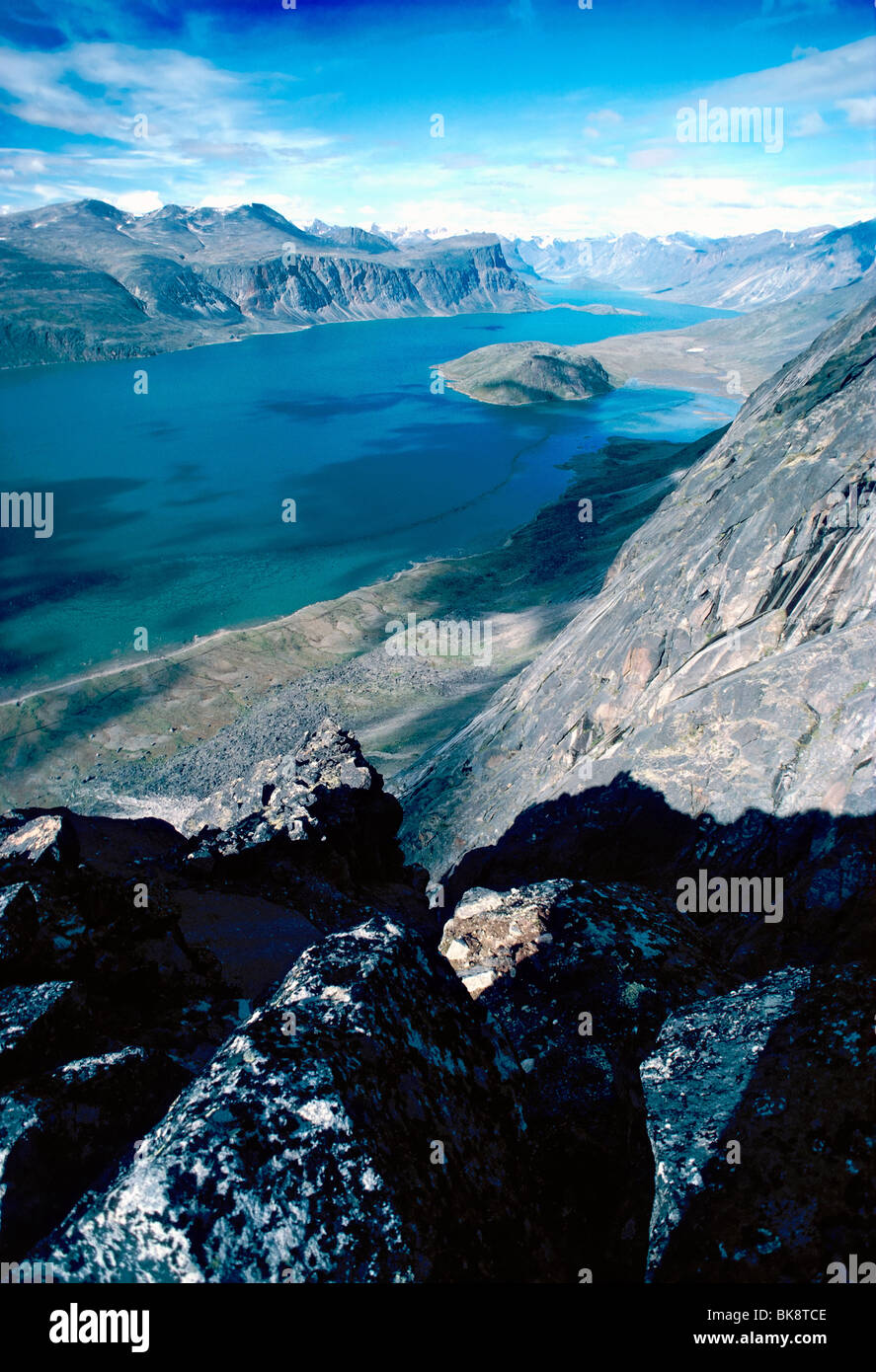 High view of Pangnirtung Fiord towards Auyuittuq National Park from Mt ...