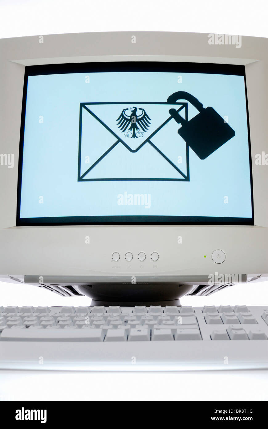 Envelope icon with a federal eagle and a padlock on a computer monitor ...